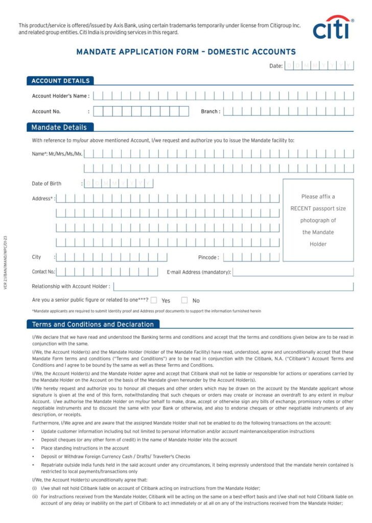 Citi Bank Mandate Registration Form Download in PDF