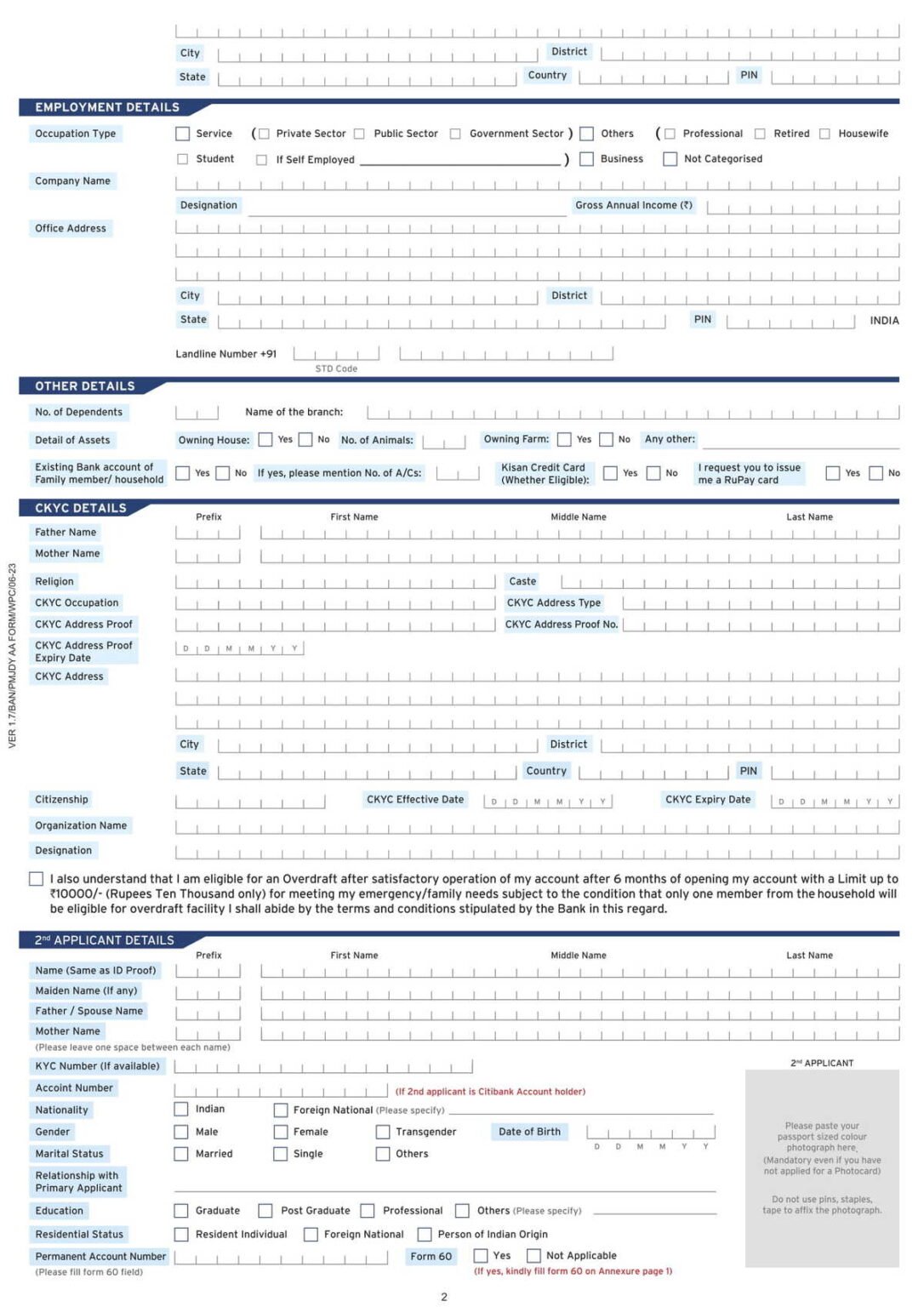 Citi Bank PMJDY Account Opening Form Download in PDF