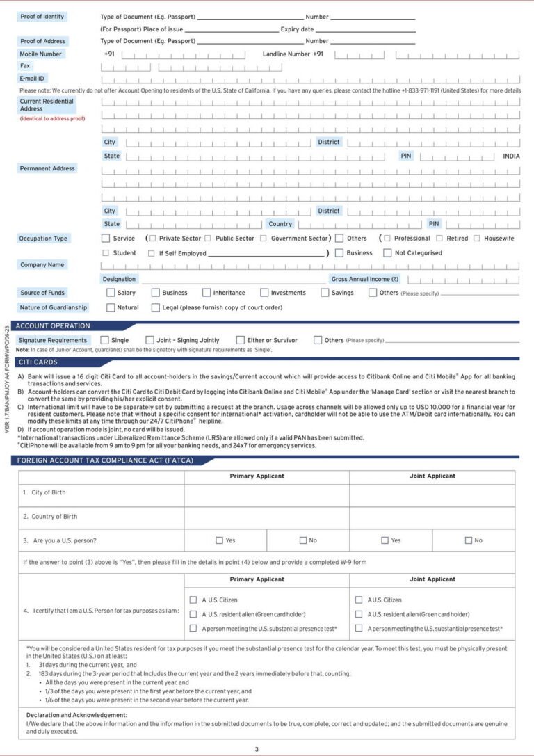 Citi Bank PMJDY Account Opening Form Download in PDF
