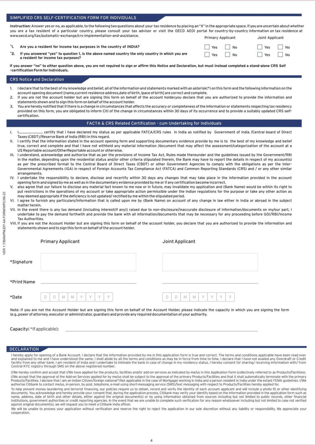 Citi Bank PMJDY Account Opening Form Download in PDF