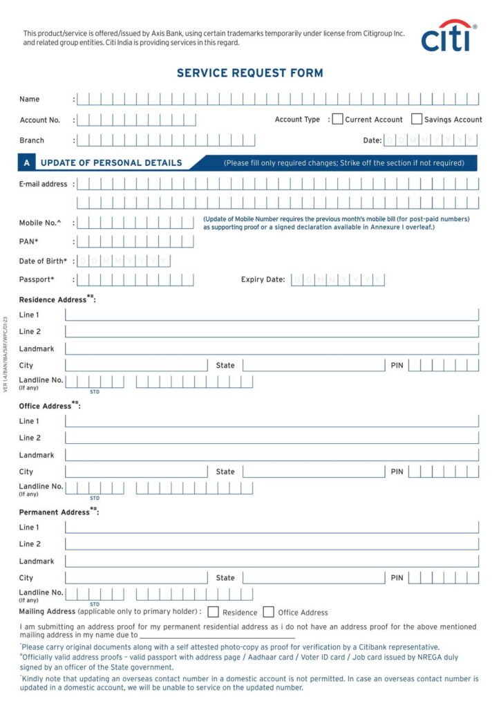 Citi Bank Dormancy Removal Instruction Form for Individuals Download in PDF