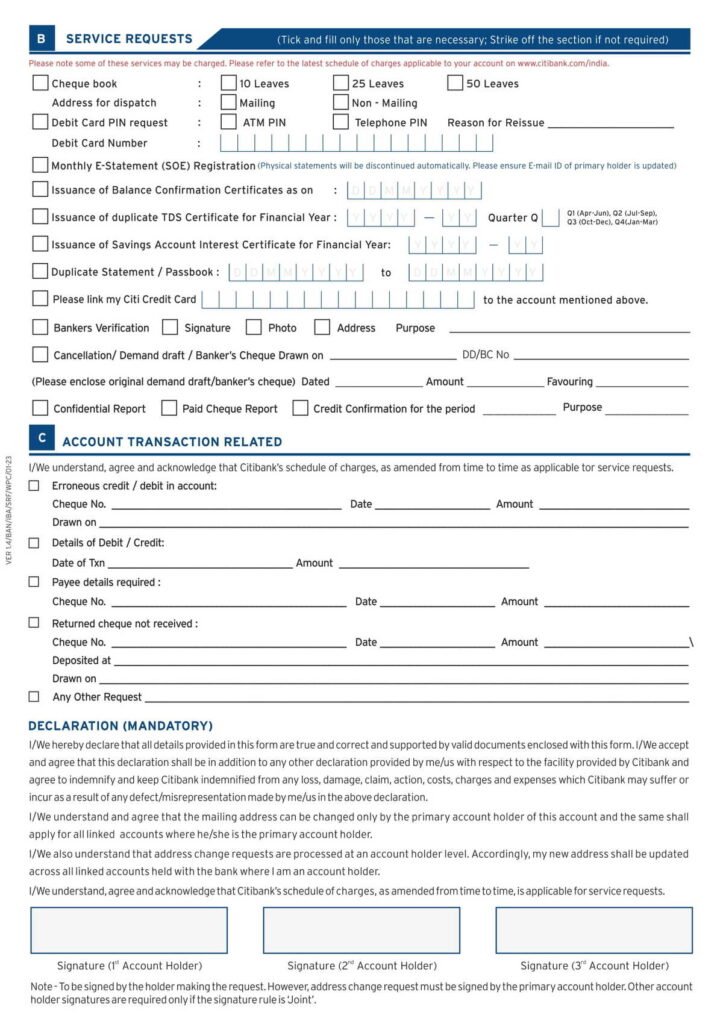 Citi Bank Service Request Form Download in PDF
