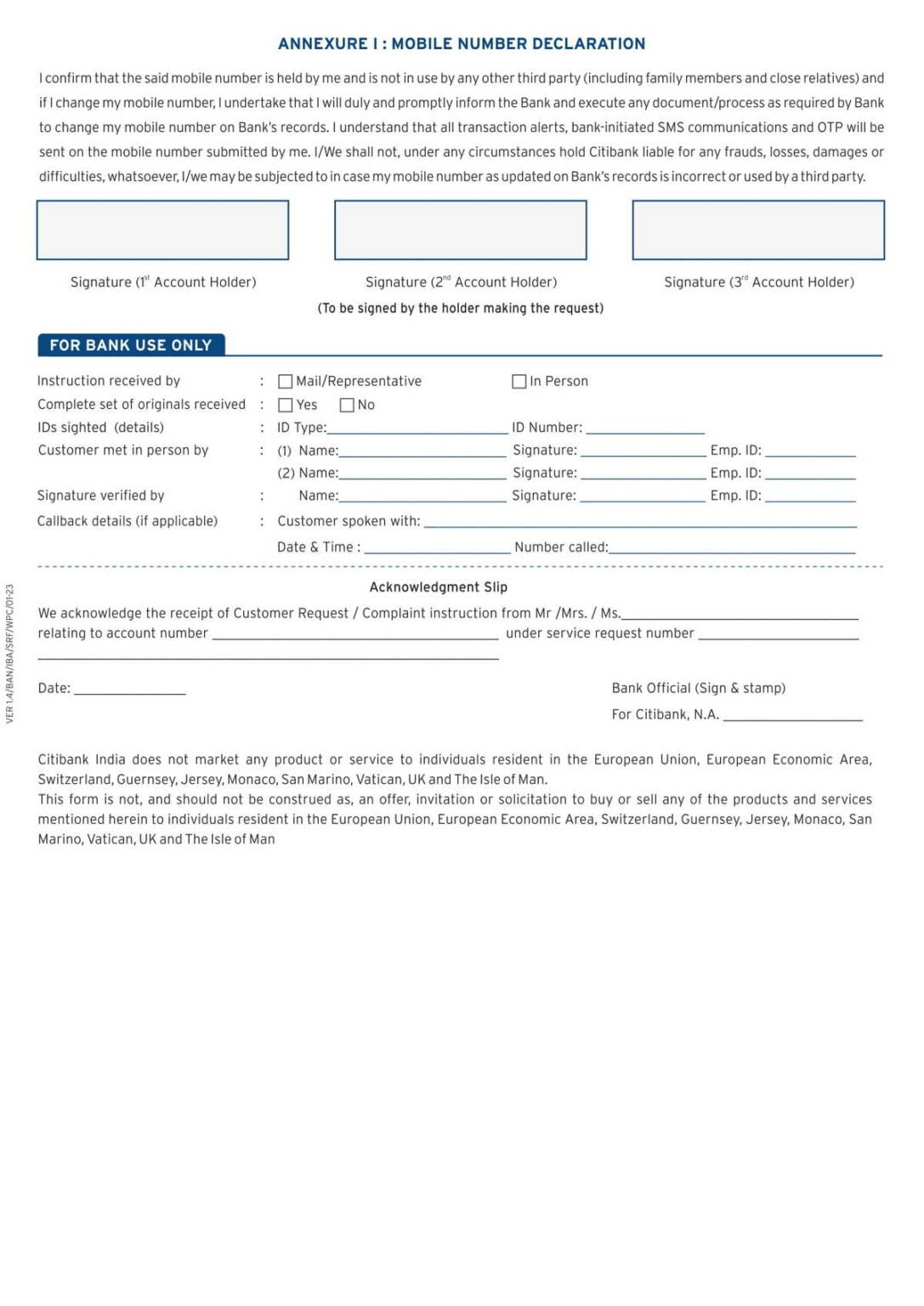 Citi Bank Service Request Form Download in PDF