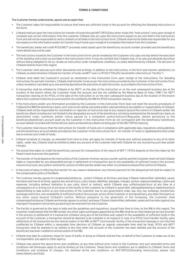 Citi Bank Standing Instructions Form Download in PDF