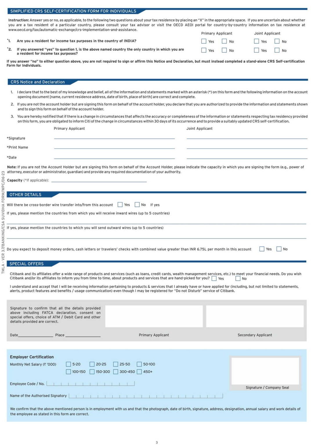 Citi Bank Suvidha Account Opening Form Download in PDF