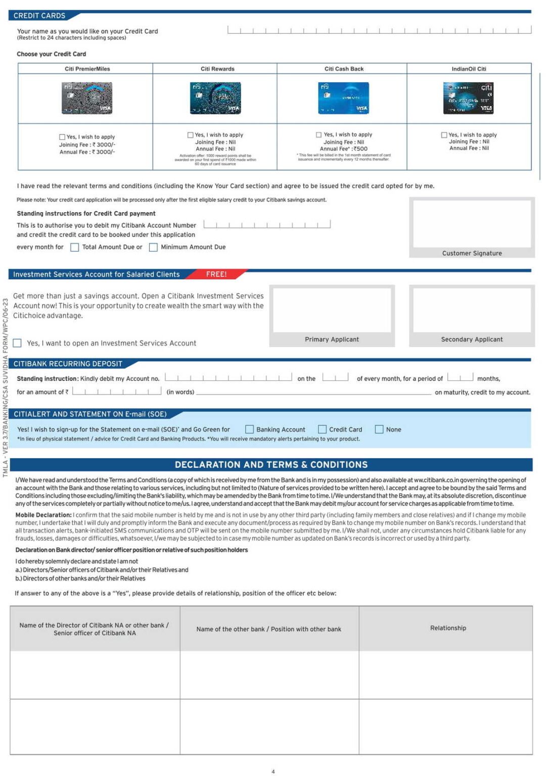 Citi Bank Suvidha Account Opening Form Download in PDF