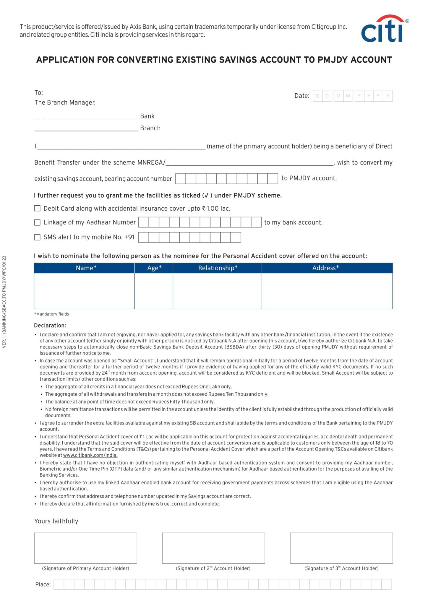Citi Bank Conversion of Existing Savings Account to PMJDY Form Download ...