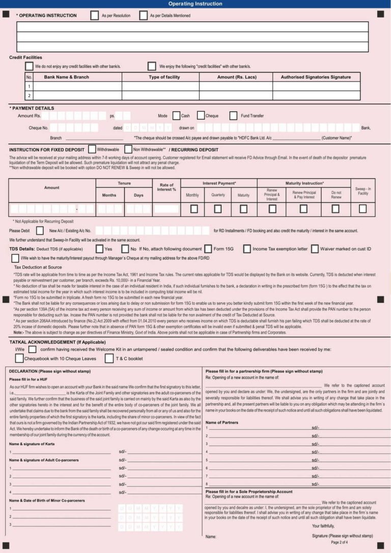 HDFC Bank Account Opening Form in PDF Download