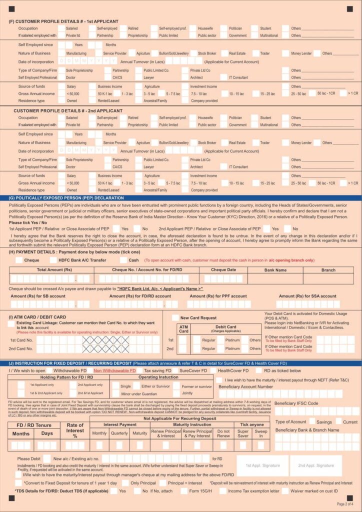 HDFC Bank Account Opening Form For Resident Individuals in PDF Download