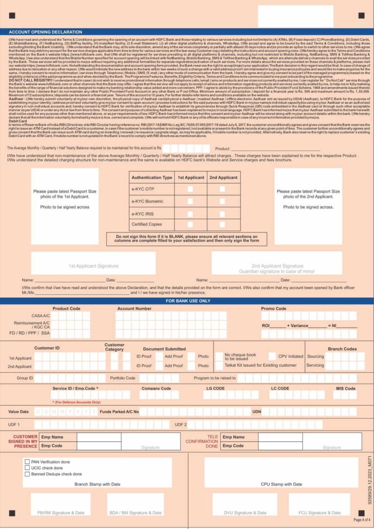 HDFC Bank Account Opening Form For Resident Individuals in PDF Download