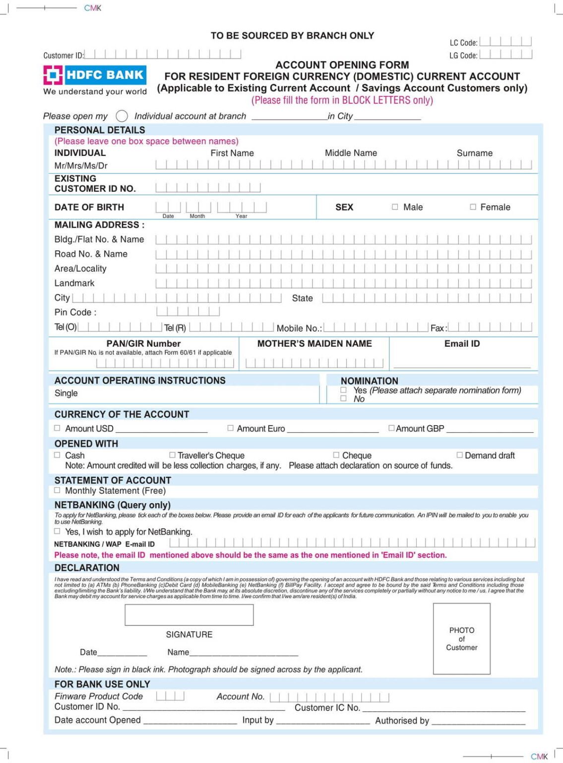 HDFC Bank Application Form For Increasing Net Banking Third Party
