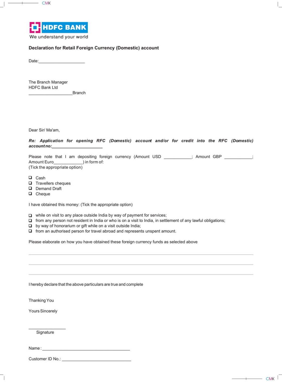 HDFC Bank Account Opening Form for Resident Foreign Currency Download ...