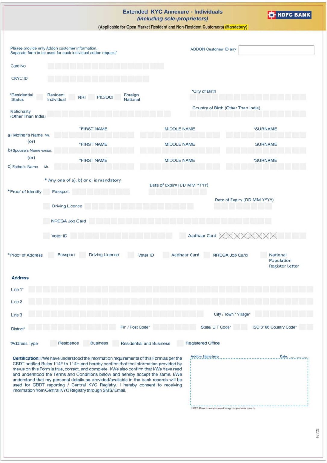 HDFC Bank Add - On Card (s) Application Form CUM MID Download in PDF
