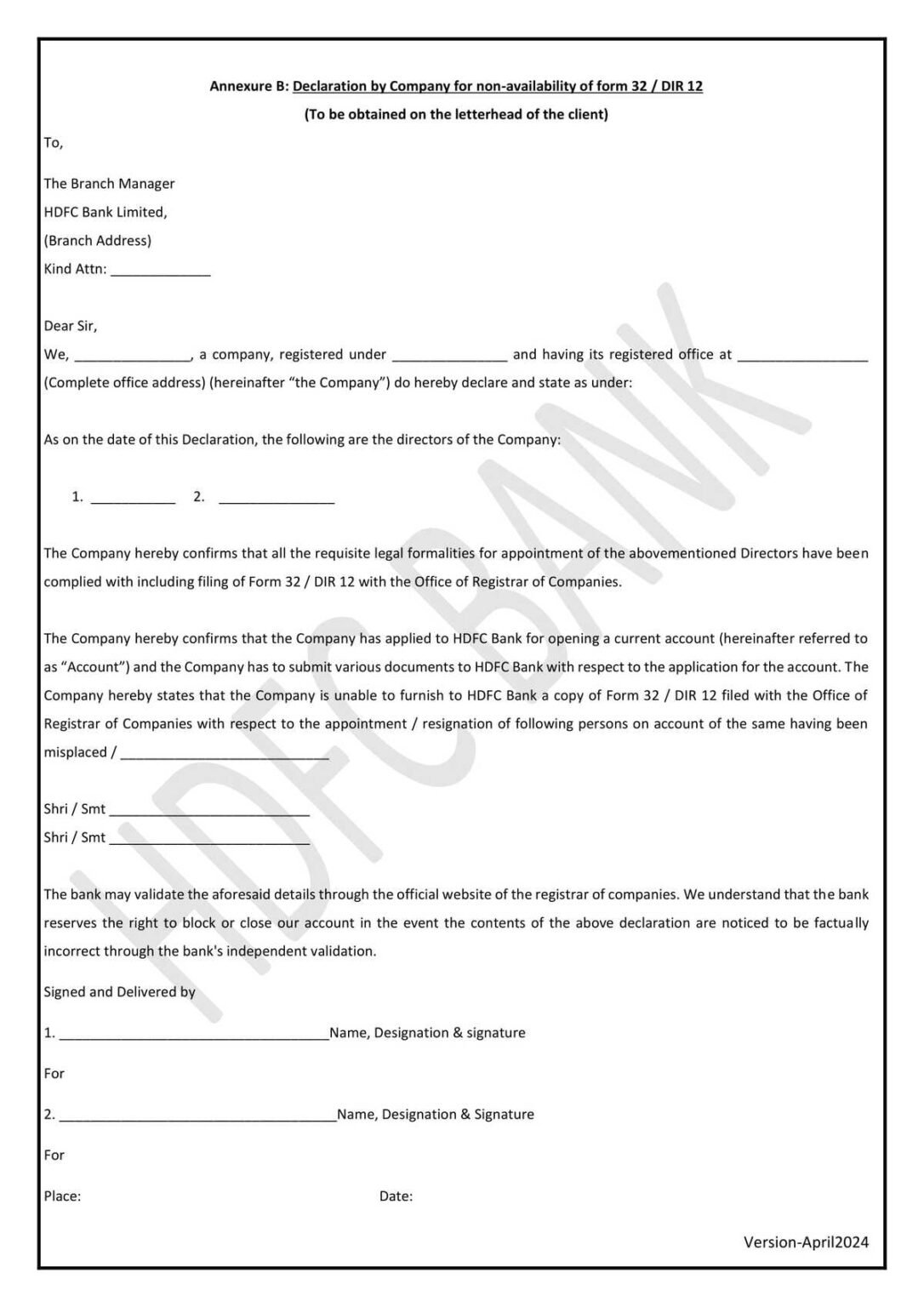 HDFC Bank Annexures Form for Account Download in PDF