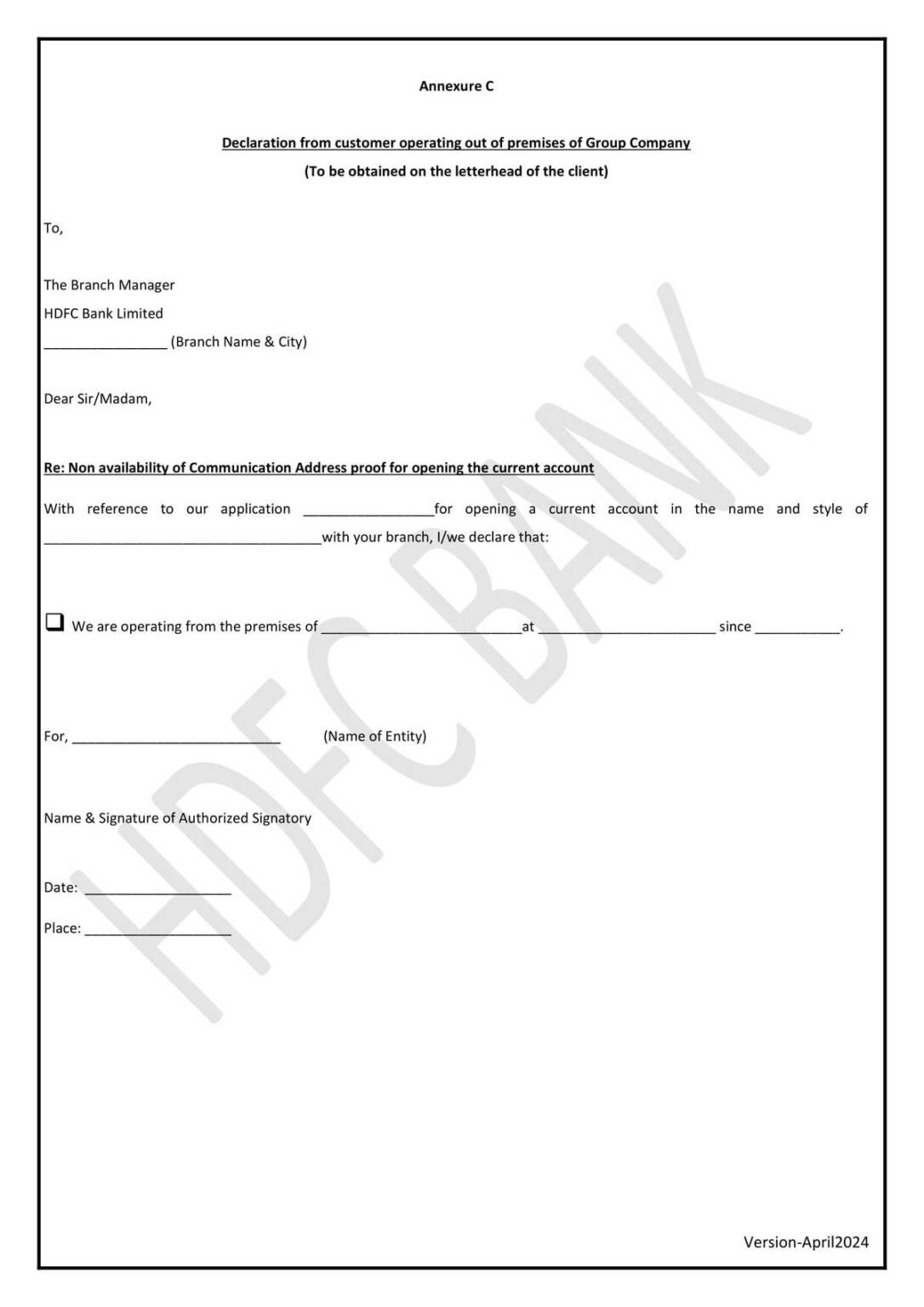 HDFC Bank Annexures Form for Account Download in PDF