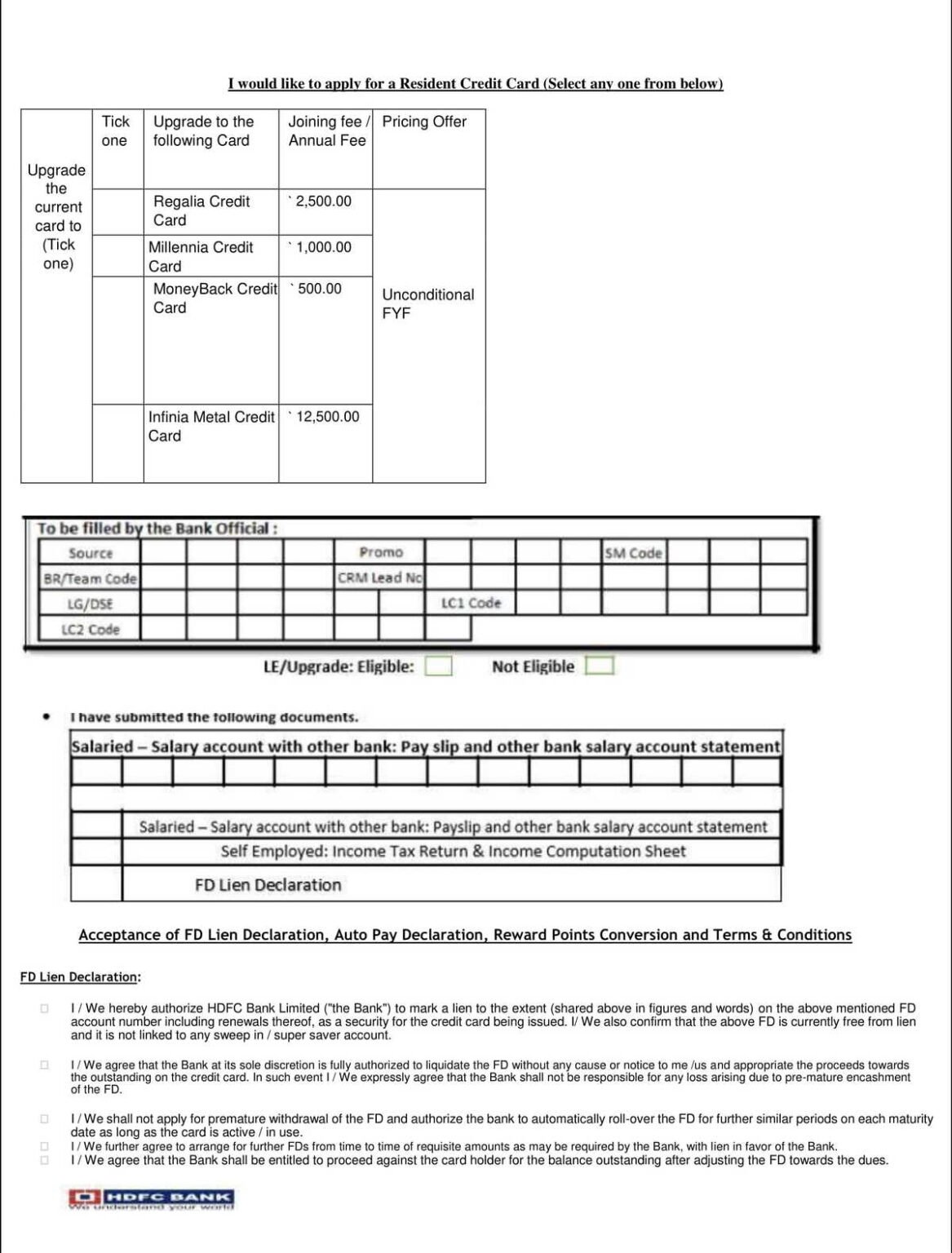 HDFC Bank Application Form for Credit Card Upgrade Download in PDF