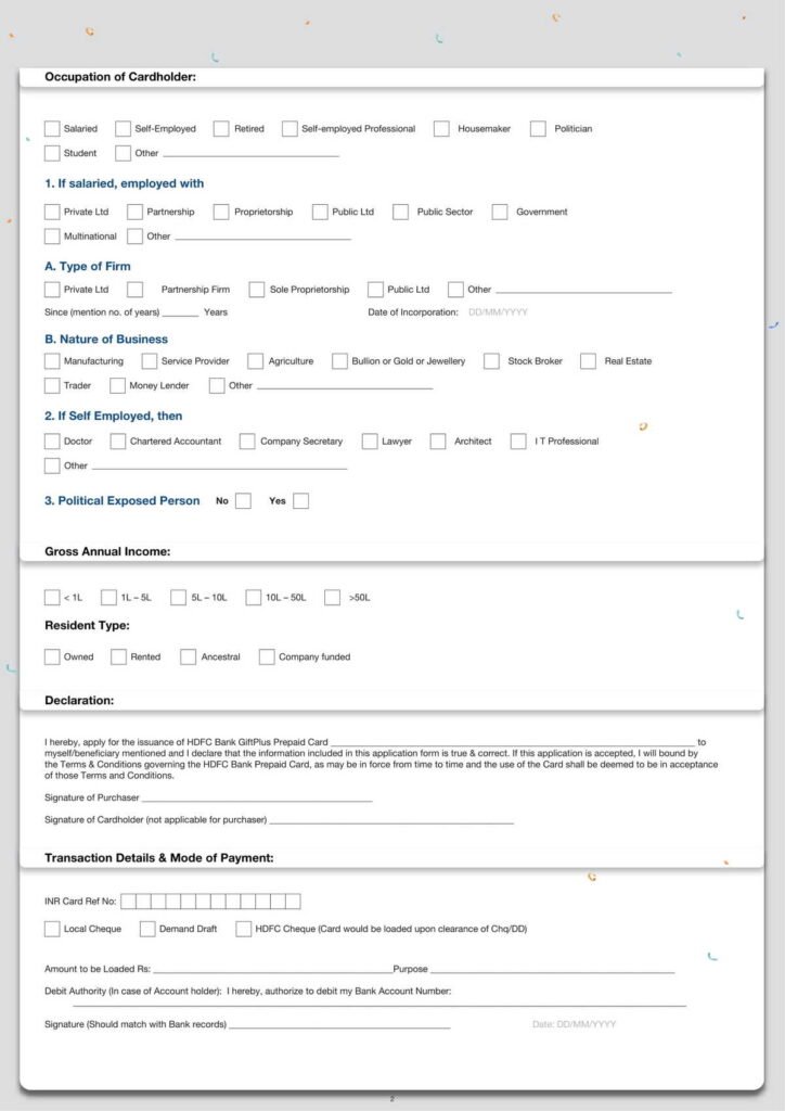 HDFC Bank Application Form for Giftplus Prepaid Card Download in PDF