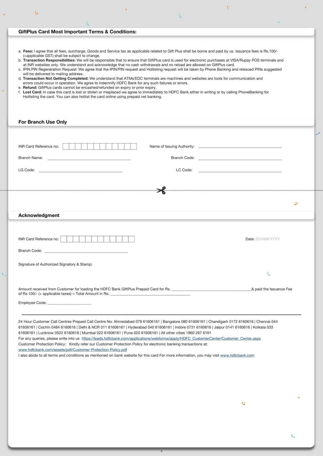 HDFC Bank Application Form for Giftplus Prepaid Card Download in PDF