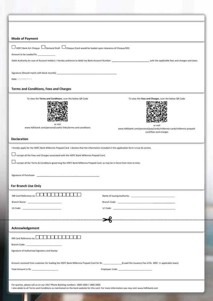 HDFC Bank Application Form for Millennia Prepaid Card Download in PDF