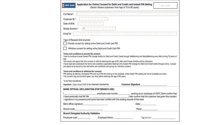 HDFC Bank Application Form for Online Consent for Debit and Credit Card ...