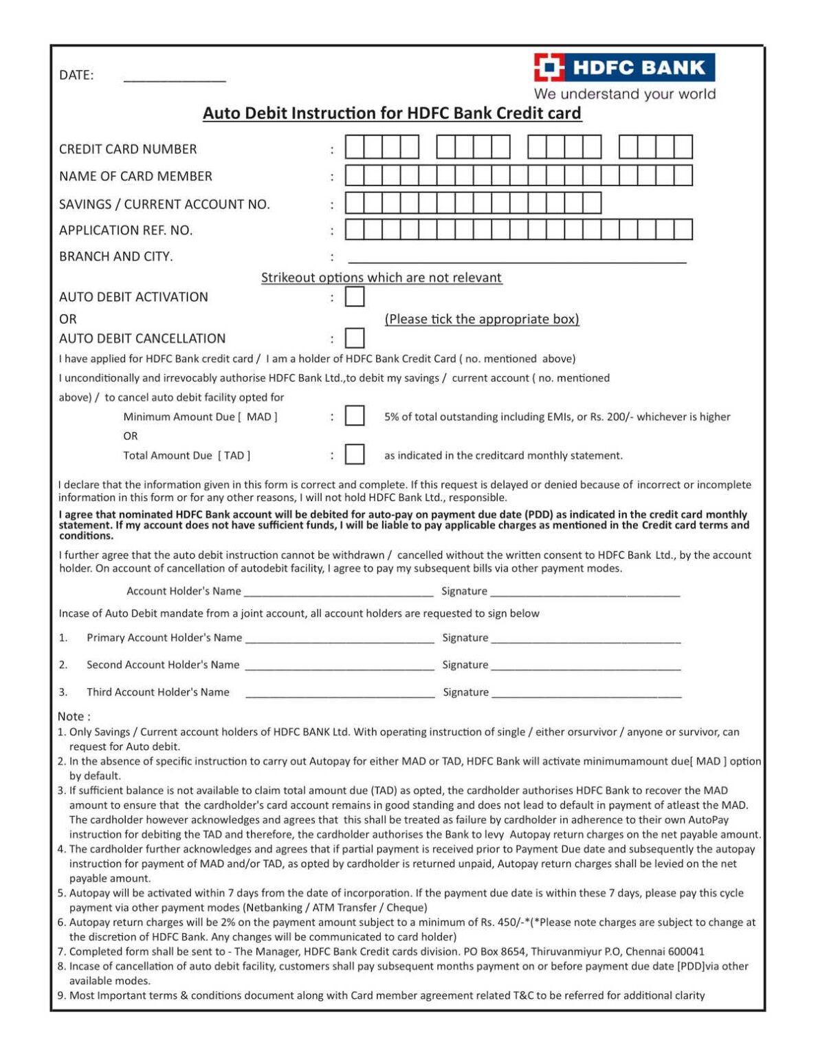 HDFC Bank Application Form for New/Re-Issuance/Upgrade of Business Debit Card Download in PDF
