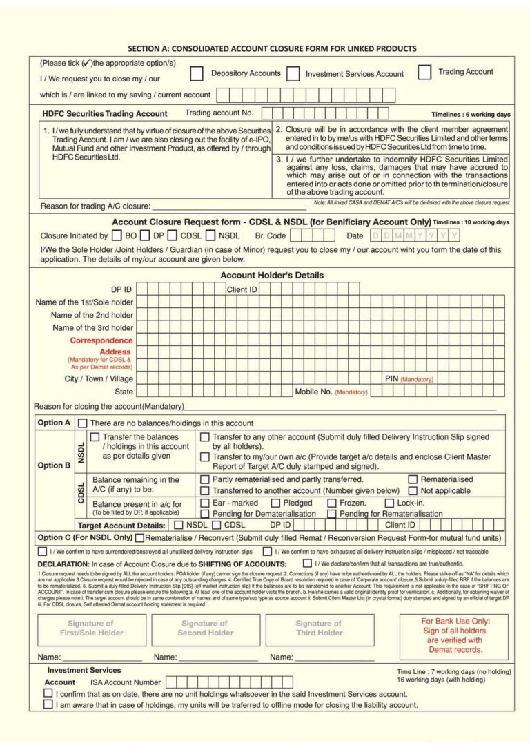 HDFC Bank Combined Account Closure Form in PDF Download