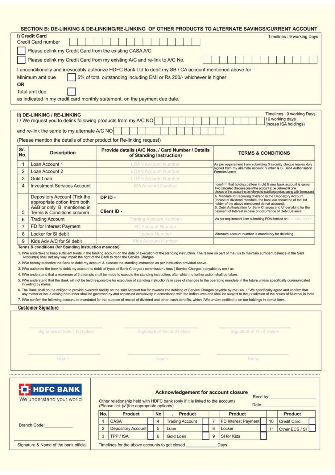 HDFC Bank Combined Account Closure Form in PDF Download