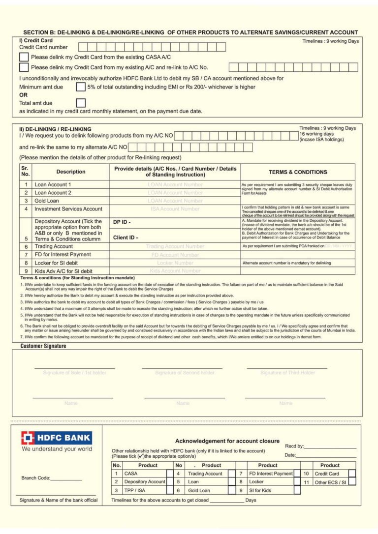 HDFC Bank Combined Account Closure Form in PDF Download