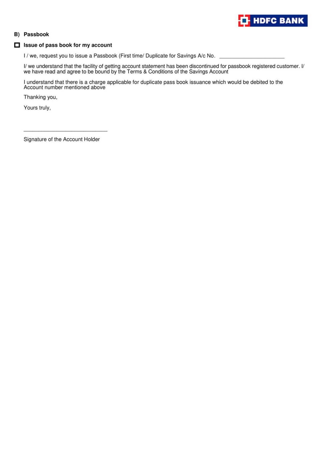 HDFC Bank Common Instruction Form- Statement Request Download in PDF