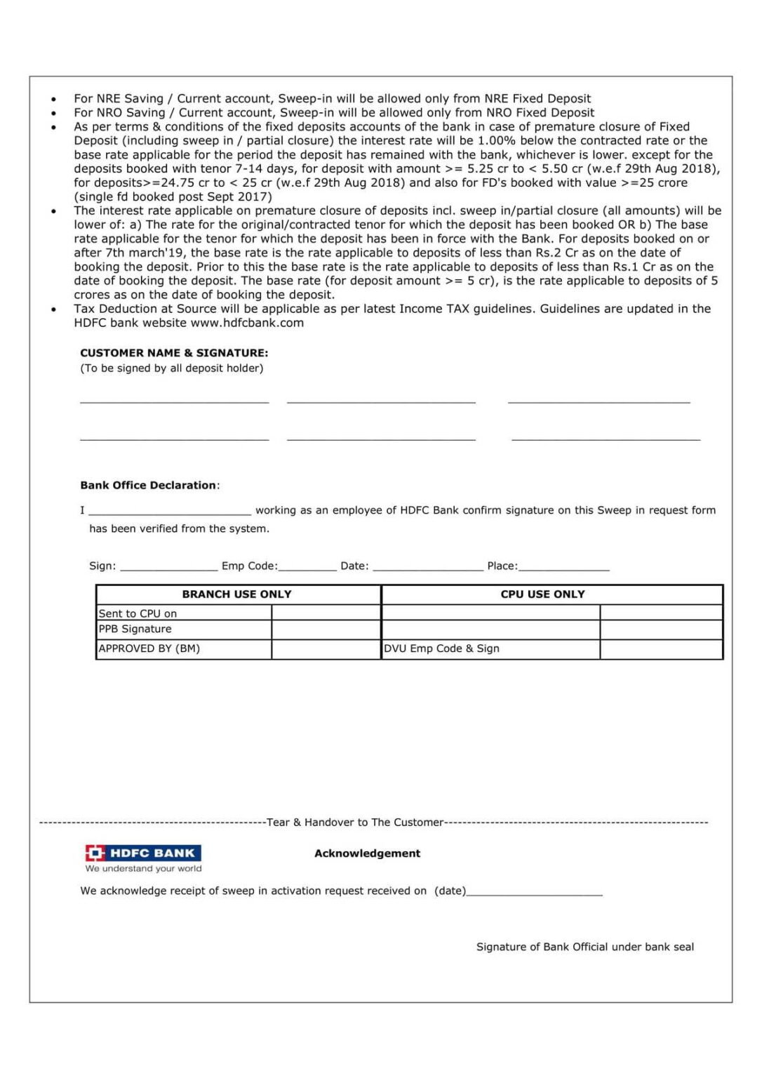 HDFC Bank Customer Undertaking Form for Sweep-In Facility Download in PDF