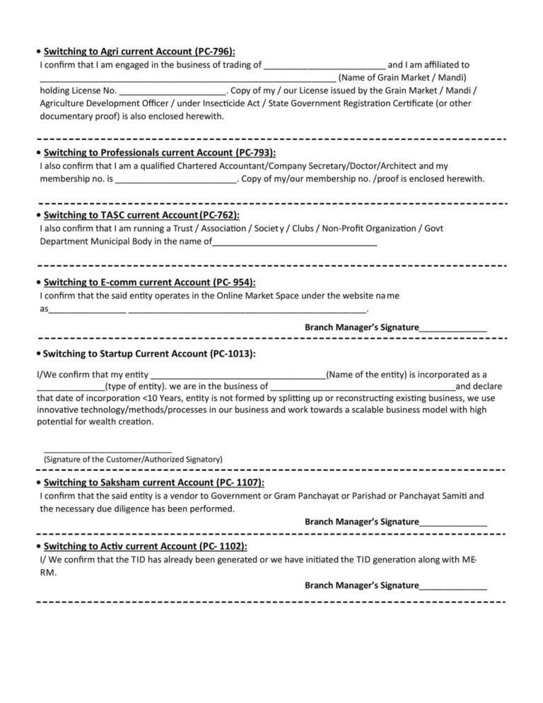 HDFC Bank Customer Undertaking Form for Switching Current Account Variant Download in PDF
