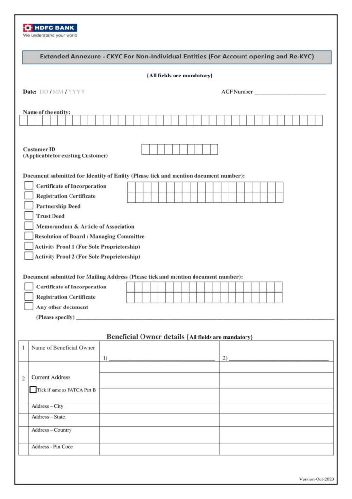 HDFC Bank Customer Updation Form for RE KYC-Non-Individuals Download in PDF