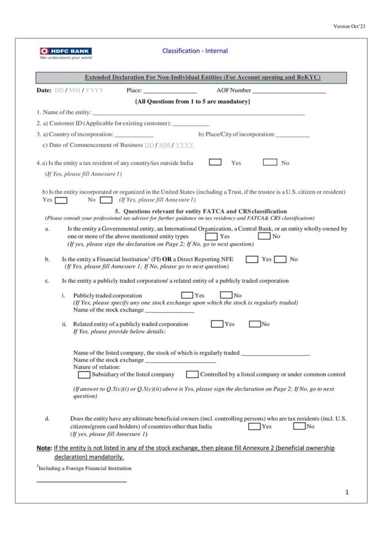 HDFC Bank Customer Updation Form for RE KYC in PDF Download
