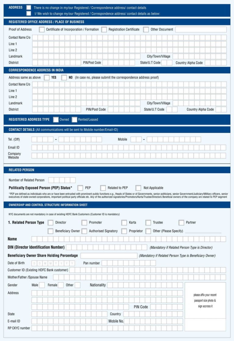 HDFC Bank Customer Updation Form for RE-KYC - Non-Individuals Download in PDF