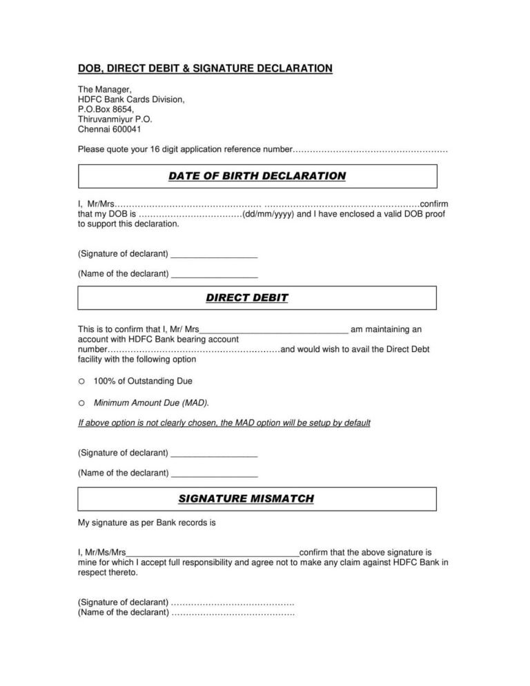 HDFC Bank DOB-Direct Debit & Signature Declaration Form Download in PDF