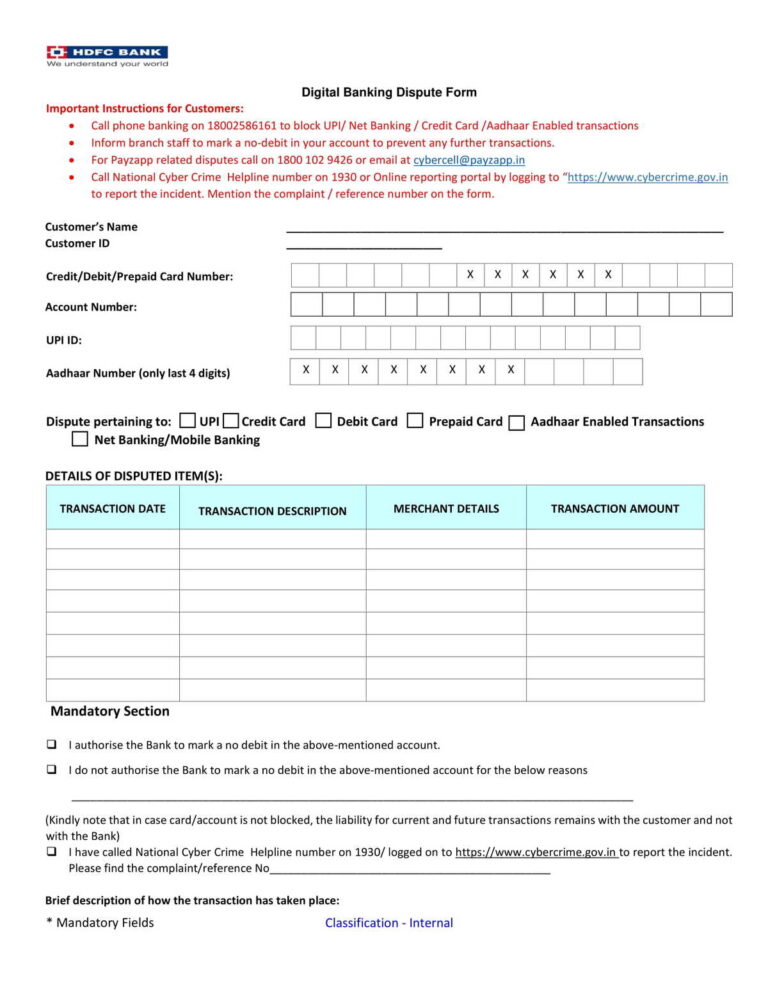HDFC Bank Digital Banking Dispute Form Download in PDF HDFC Bank Digital Banking Dispute Form Download in PDF