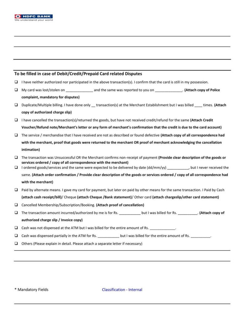 HDFC Bank Digital Banking Dispute Form Download in PDF