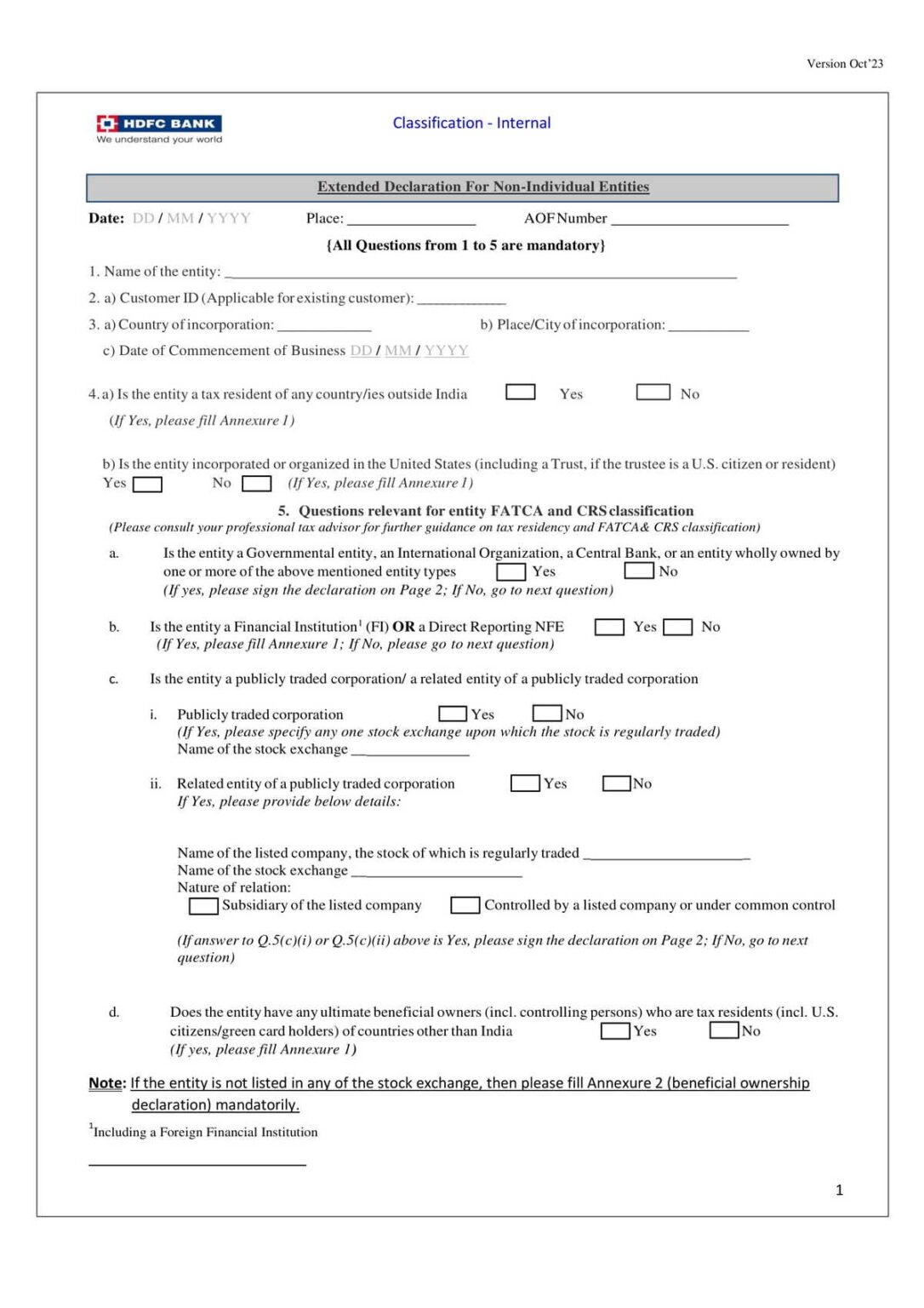 HDFC Bank Declaration for Change of Residential Status Form Download in PDF