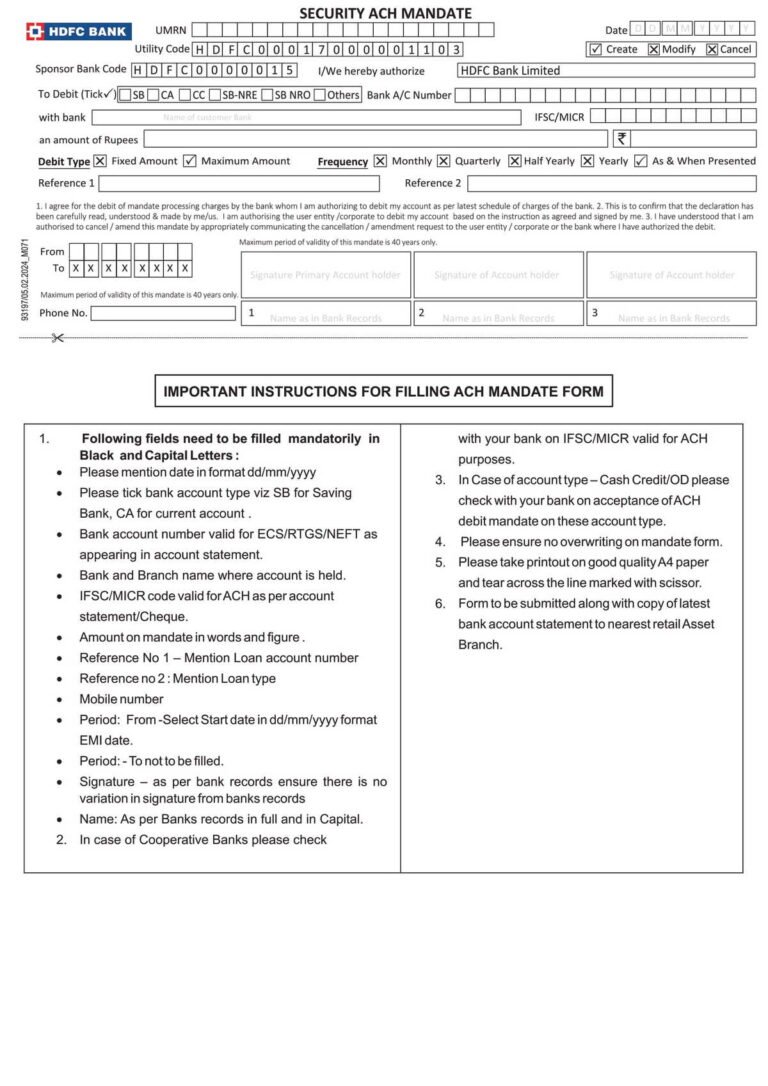 HDFC Bank Filling ACH Mandate Form Download in PDF