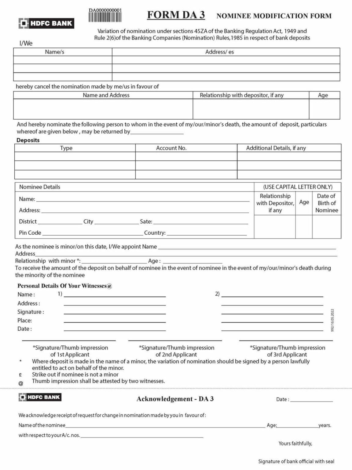 HDFC Bank DA 2 Nominee Deletion Form in PDF Download