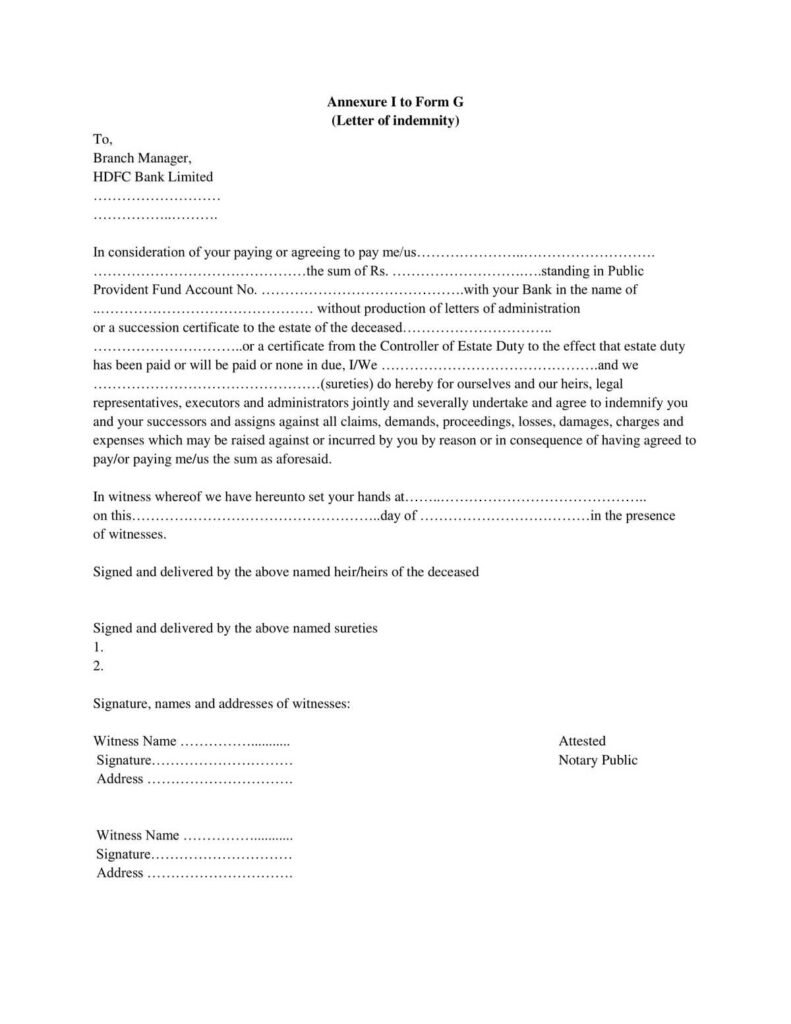 HDFC Bank Form G Application for withdrawal by Nominees/Legal heirs ...