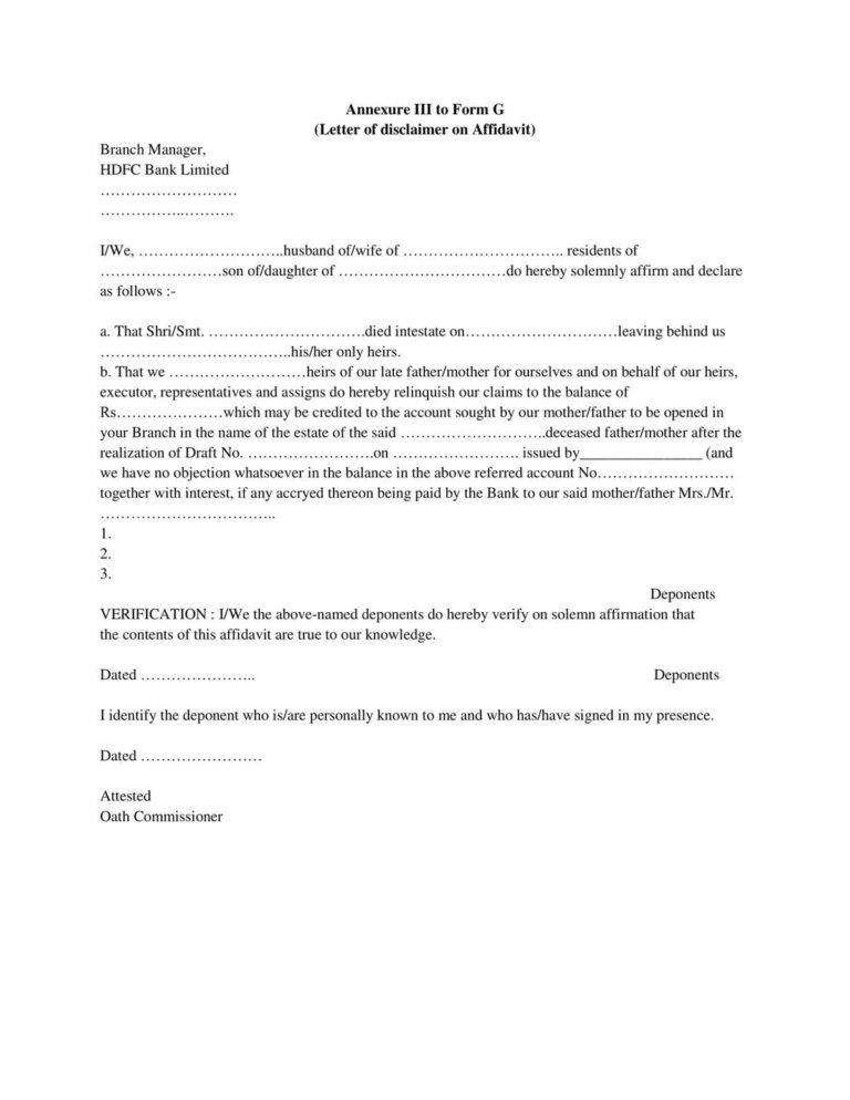 HDFC Bank Form G Application for withdrawal by Nominees/Legal heirs ...
