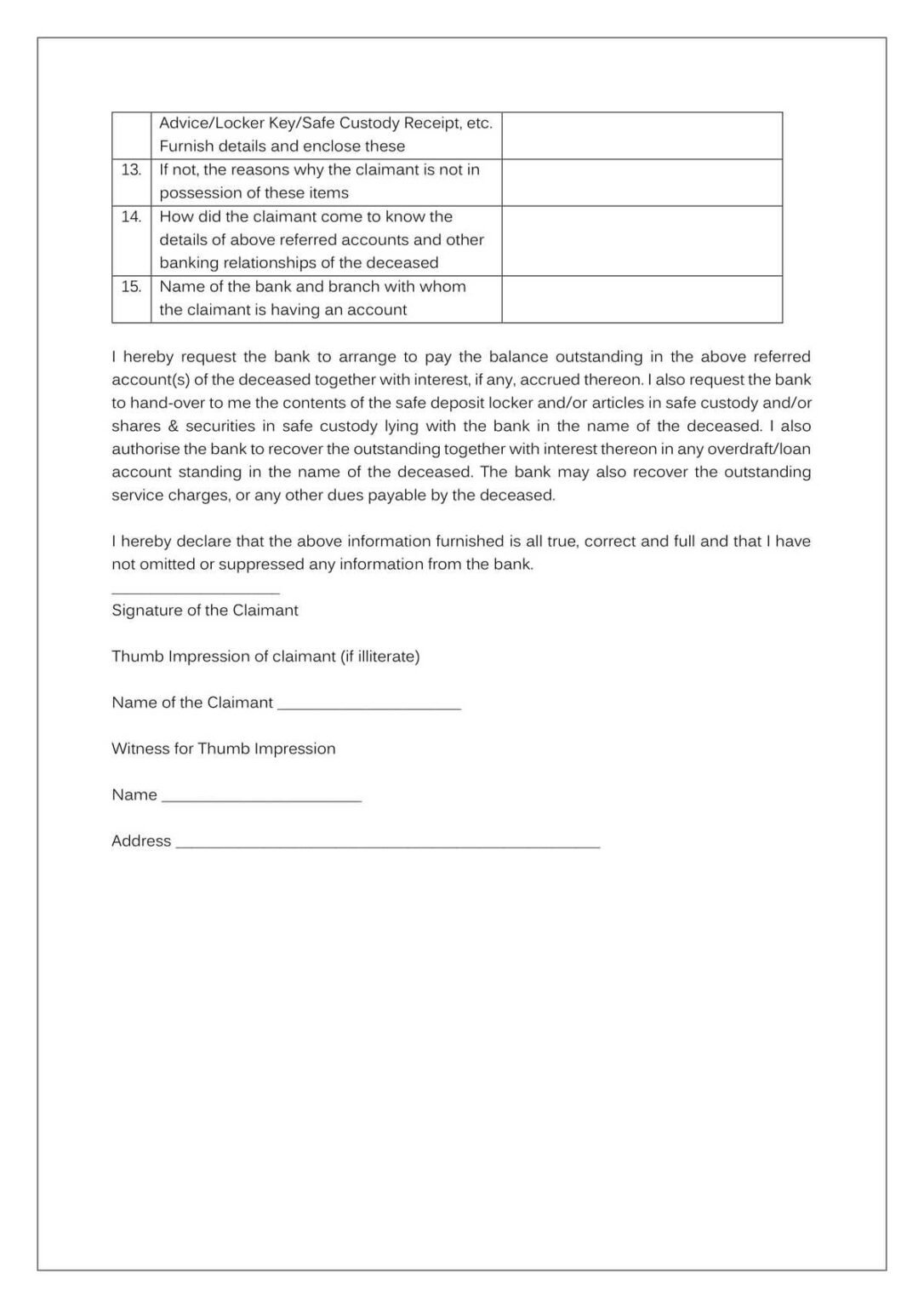 HDFC Bank Format of Claim Applicaton Form From Legal Claimant in PDF ...