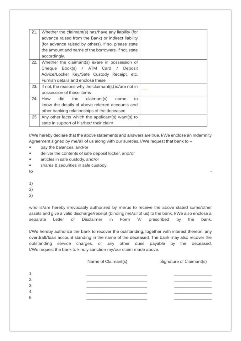 HDFC Bank Format of Claim Application Form from Legal heirs in PDF Download