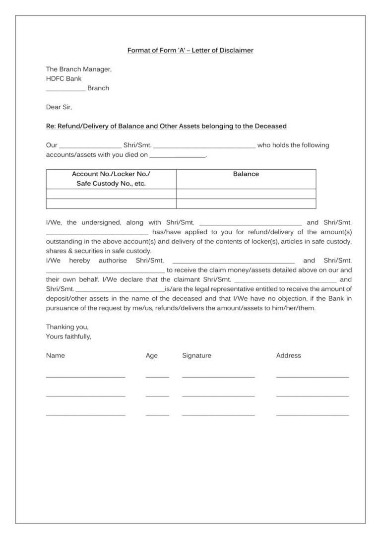 HDFC Bank Format of Claim Application Form from Legal heirs in PDF Download