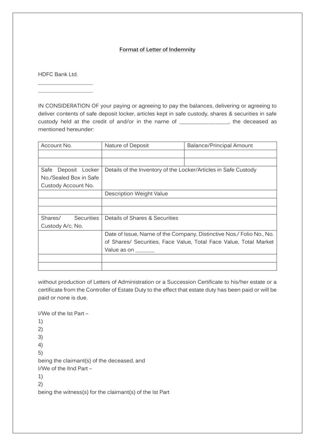 HDFC Bank Format of Claim Application Form from Legal heirs in PDF Download
