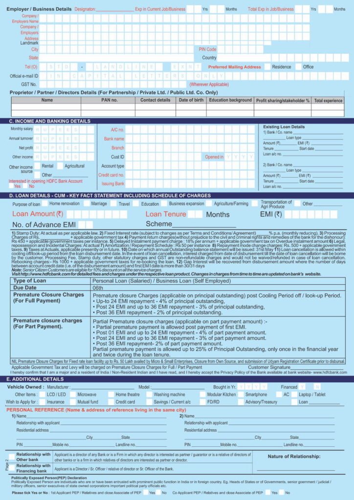 HDFC Bank Loan Application Form Download in PDF