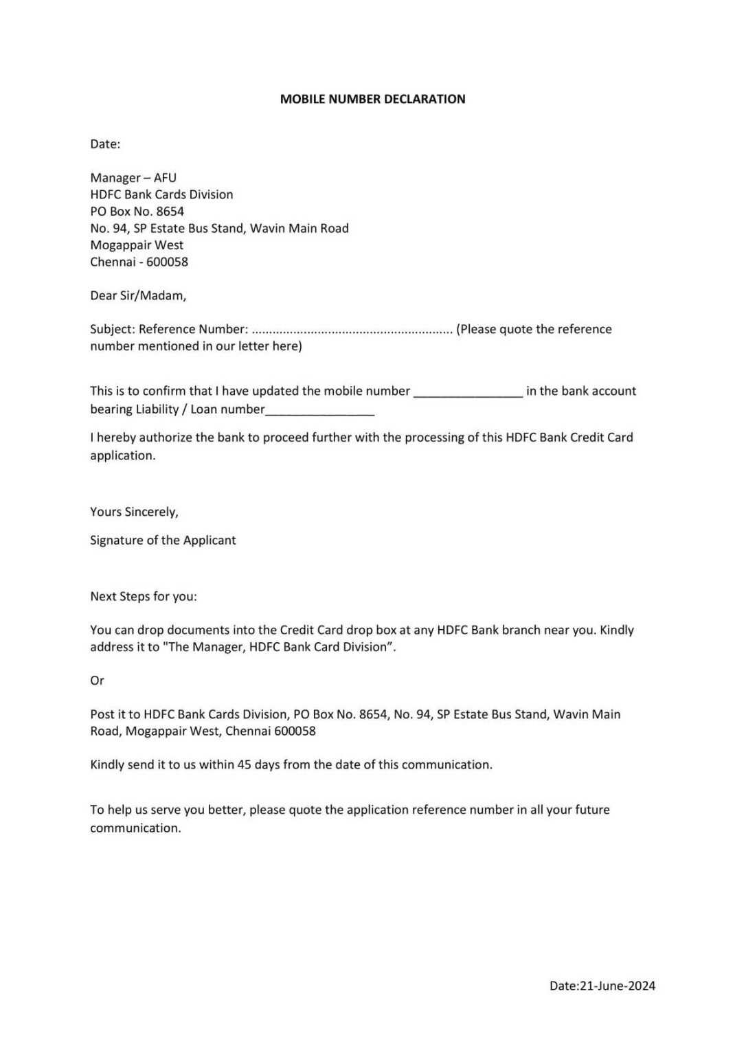 HDFC Bank Declaration for Change of Residential Status Form Download in PDF