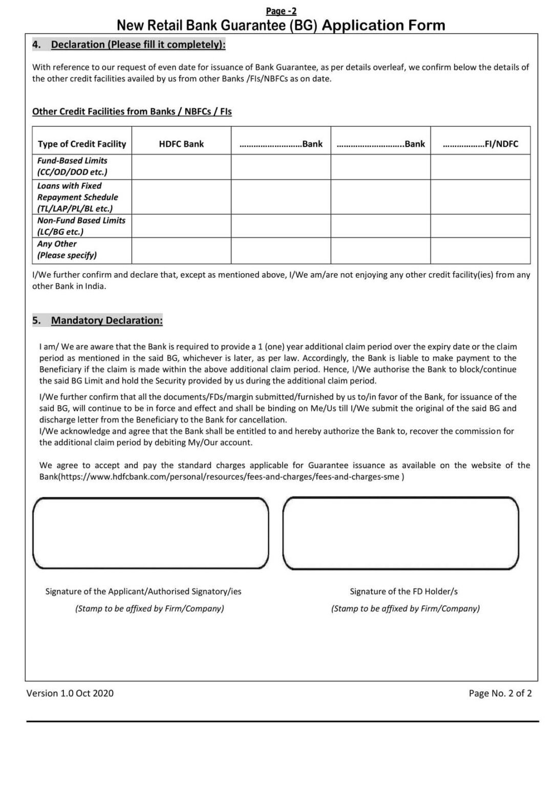 HDFC Bank New Retail Bank Guarantee (BG) Application-2 Form Download in PDF