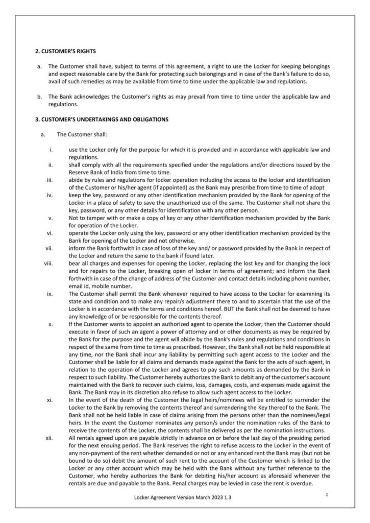 HDFC Bank Safe Deposit Locker Agreement Form in PDF Download